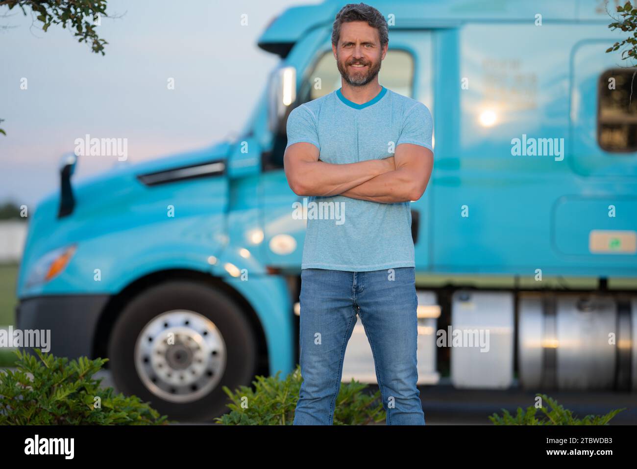 Men driver near lorry truck. Man owner truck driver. Millennial trucker. Trucking owner ...