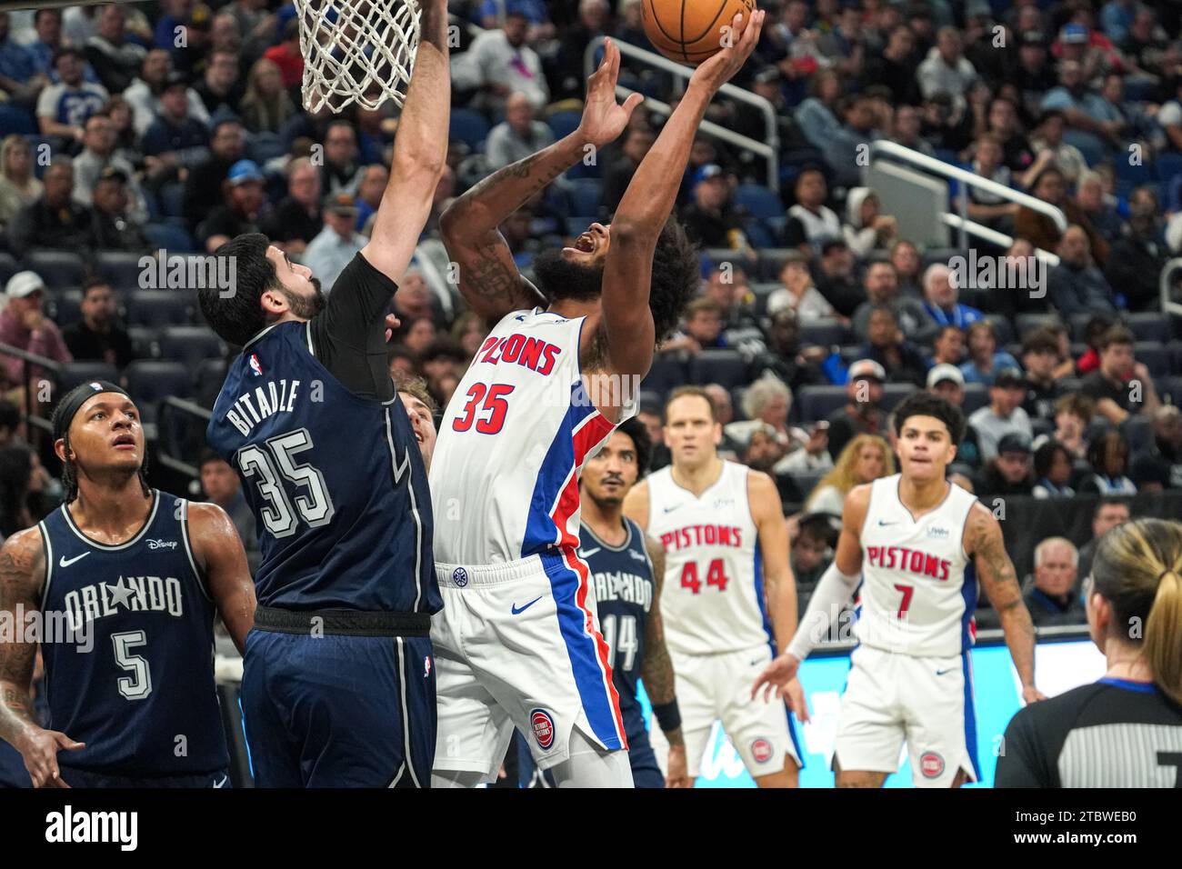 Orlando, Florida, USA, December 8, Detroit Pistons forward Marvin Bagley III #35 attempt to ...