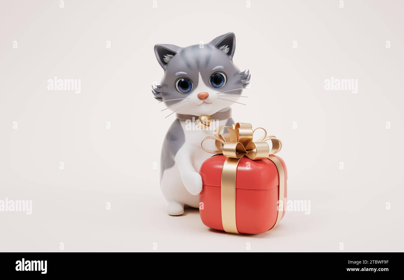 3D cartoon style cute cat and gift box, 3d rendering. 3D illustration ...