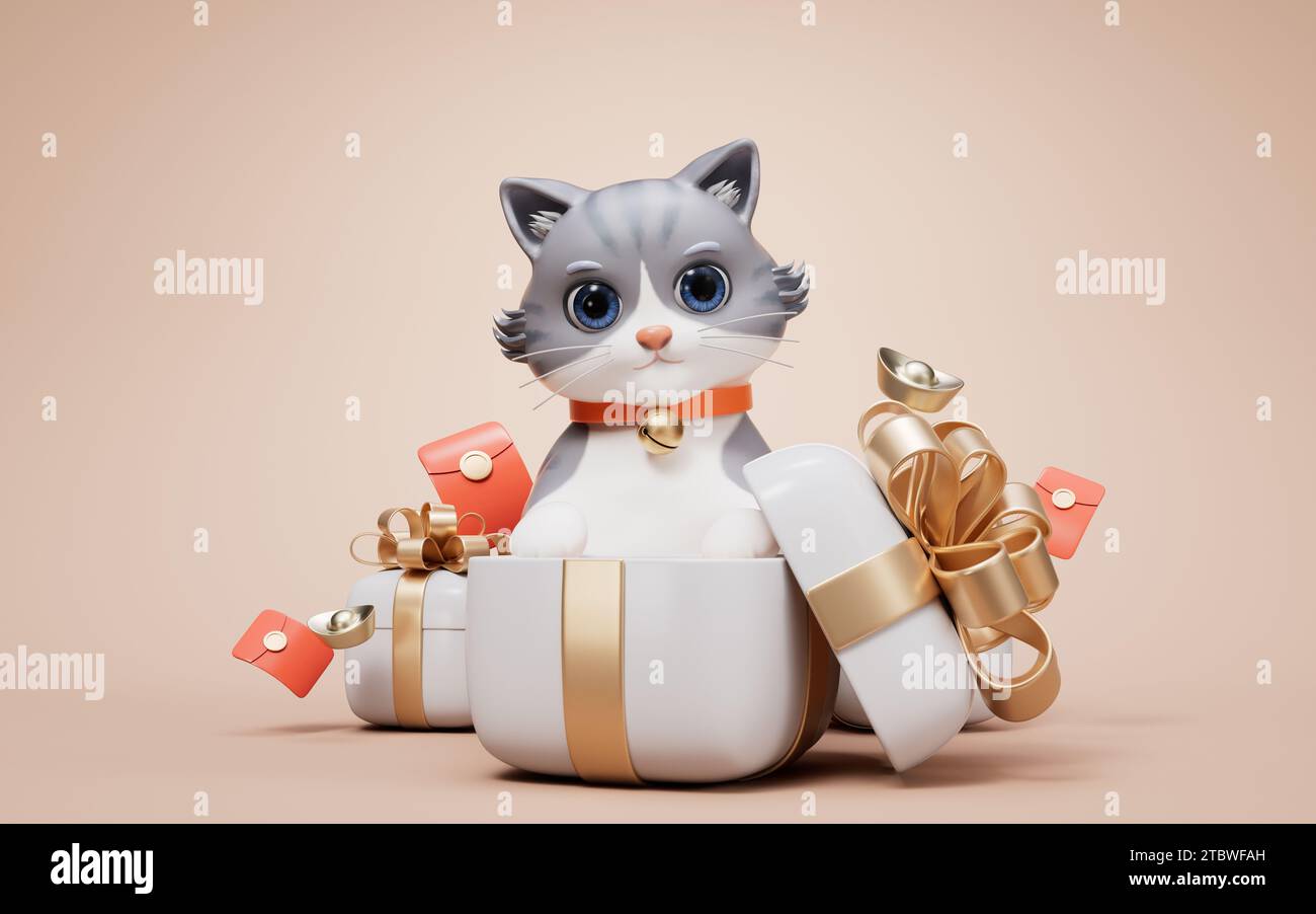 3D cartoon style cute cat and gift box, 3d rendering. 3D illustration ...