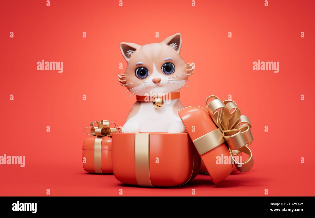 3D cartoon style cute cat and gift box, 3d rendering. 3D illustration ...