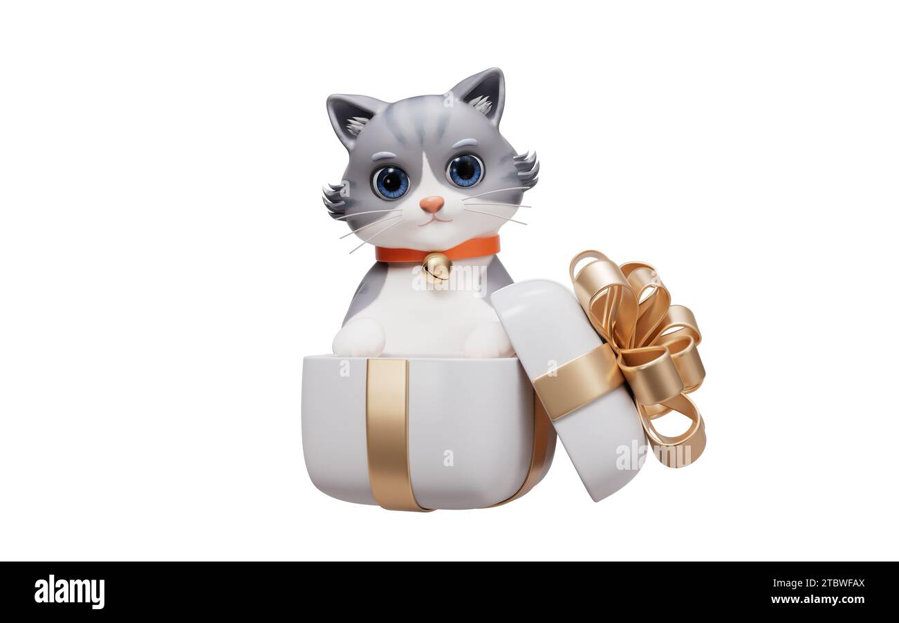 3D cartoon style cute cat and gift box, 3d rendering. 3D illustration ...