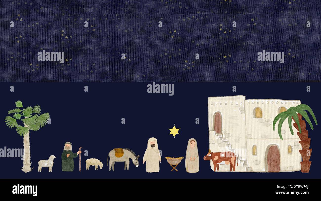 Watercolor Christmas nativity scene border on dark blue background ...