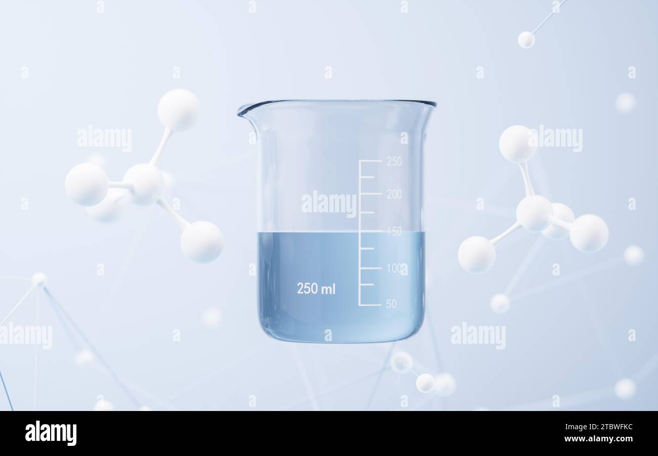 Chemical beaker with molecule background, 3d rendering. 3D illustration ...
