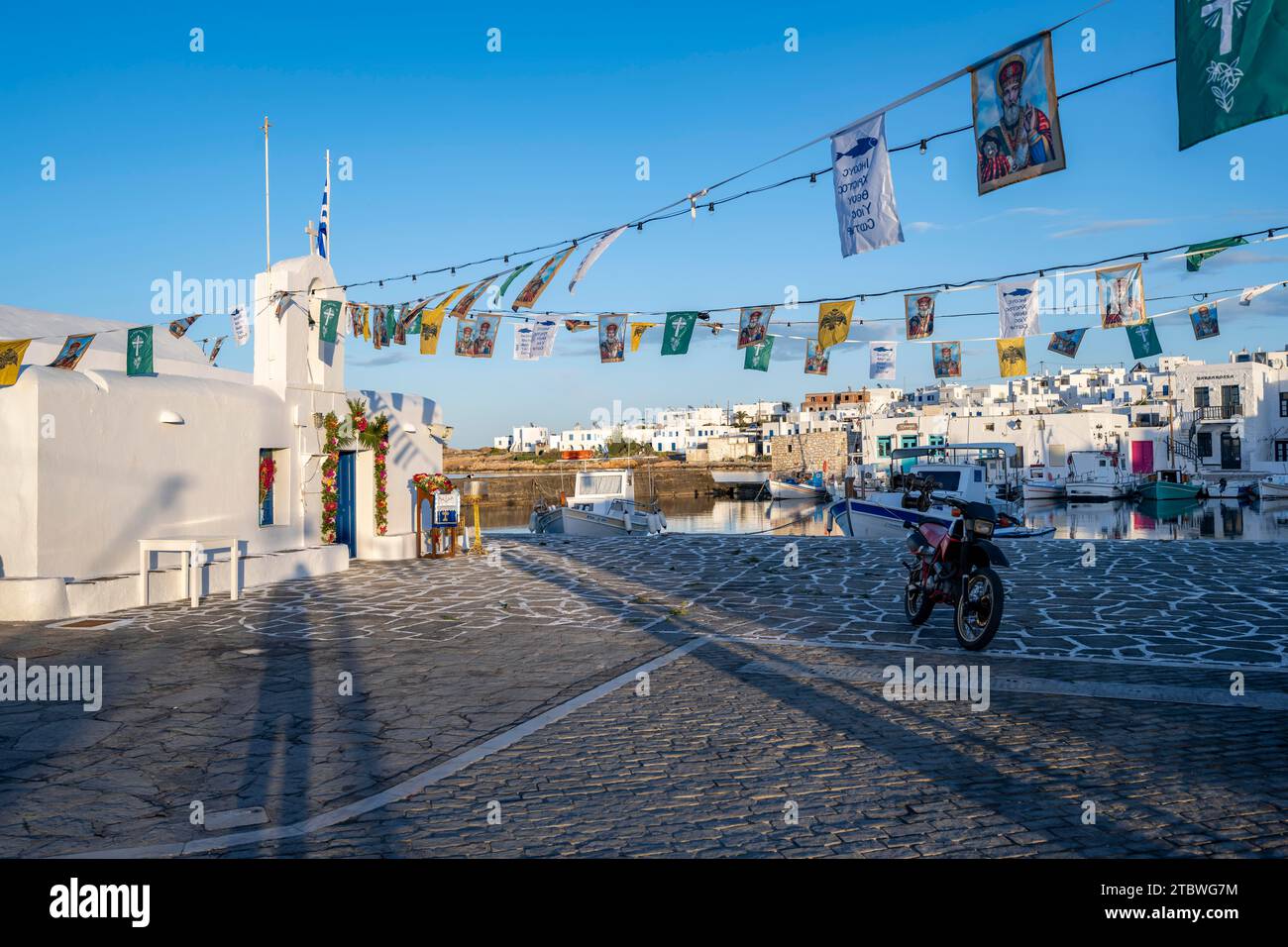 White Cycladic Greek Orthodox Church of Agios Nikolaos, decorated with ...