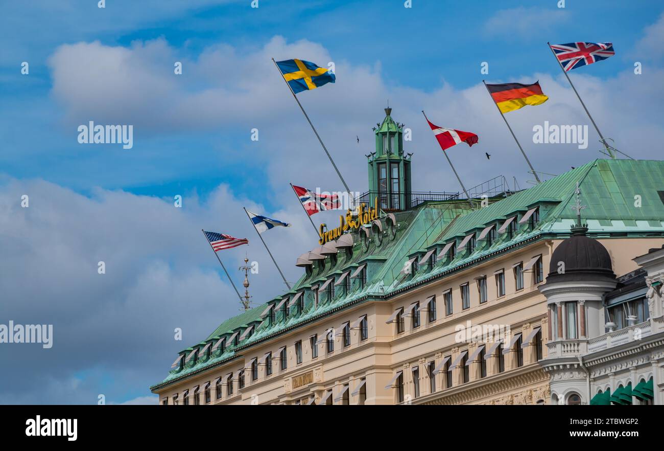 A picture of the top section of the Grand Hotel with some country flags ...