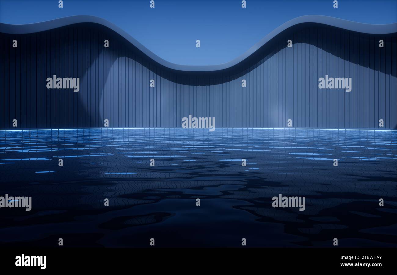 Water surface with building at night, 3d rendering. 3D illustration ...