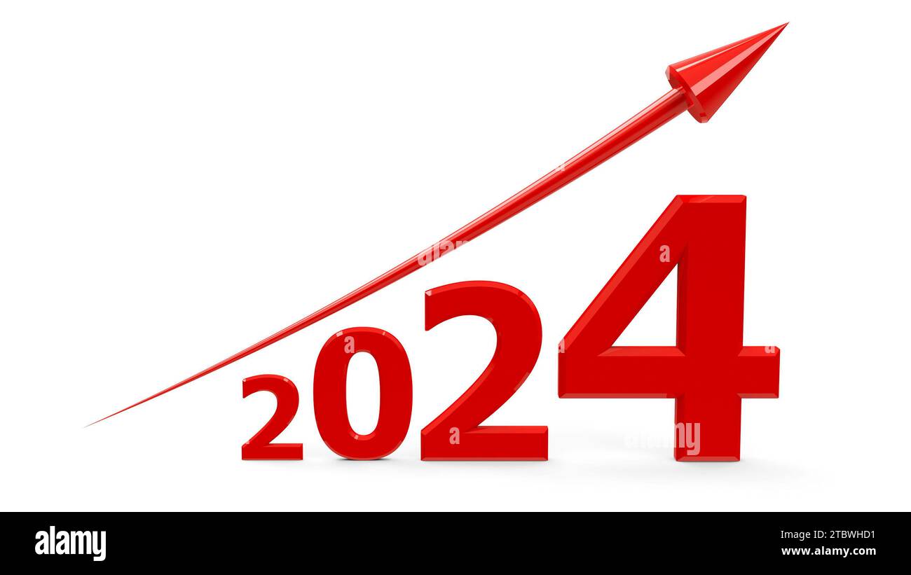 Red arrow up represents the growth in 2024 year, three-dimensional ...