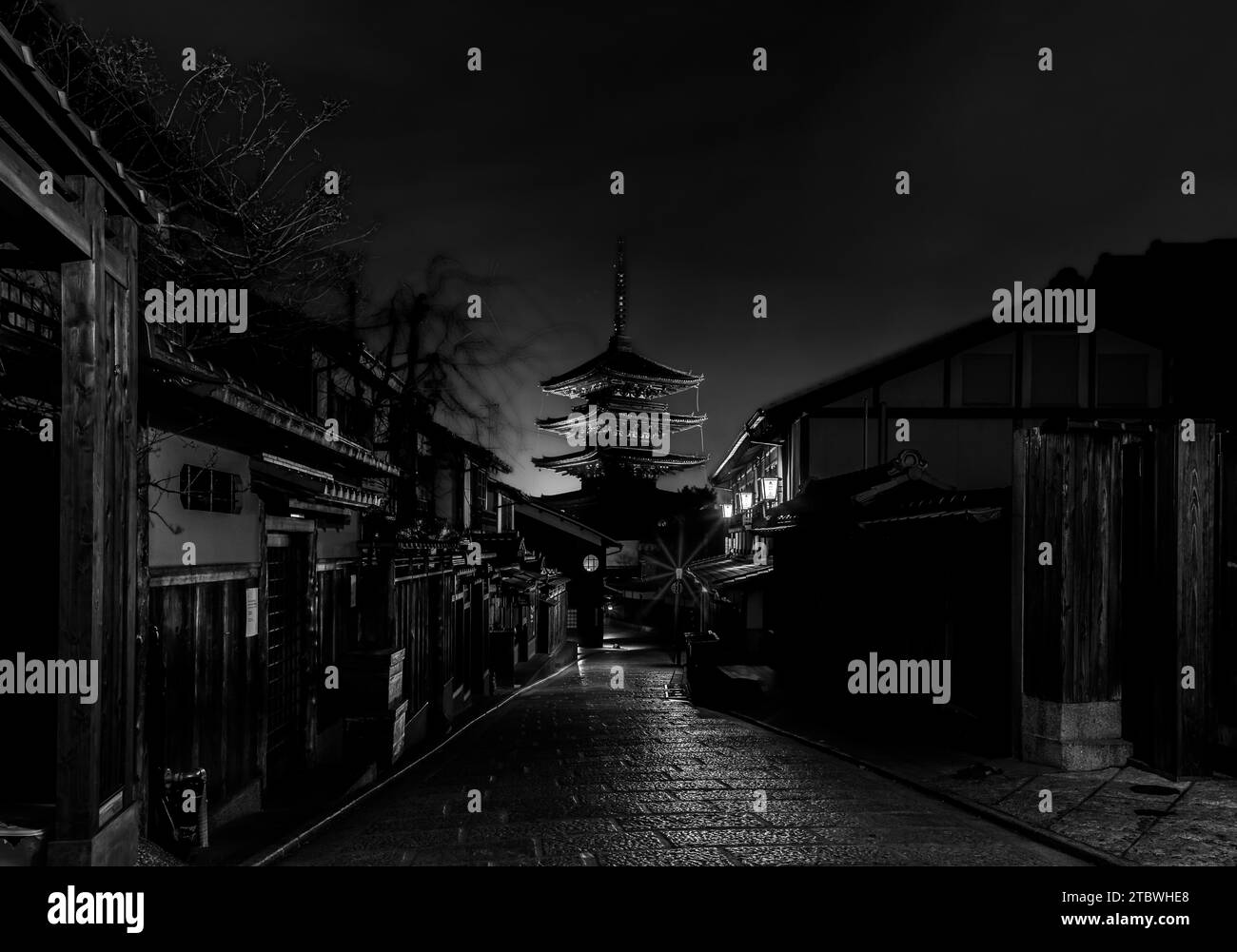 A black and white panorama picture of the Hokan-ji Temple, also known ...