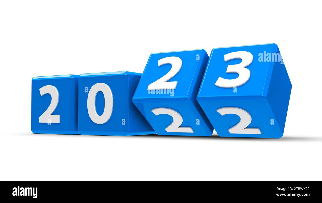 Blue cubes with 2022-2023 change on a white table represents the new 2023, three-dimensional ...