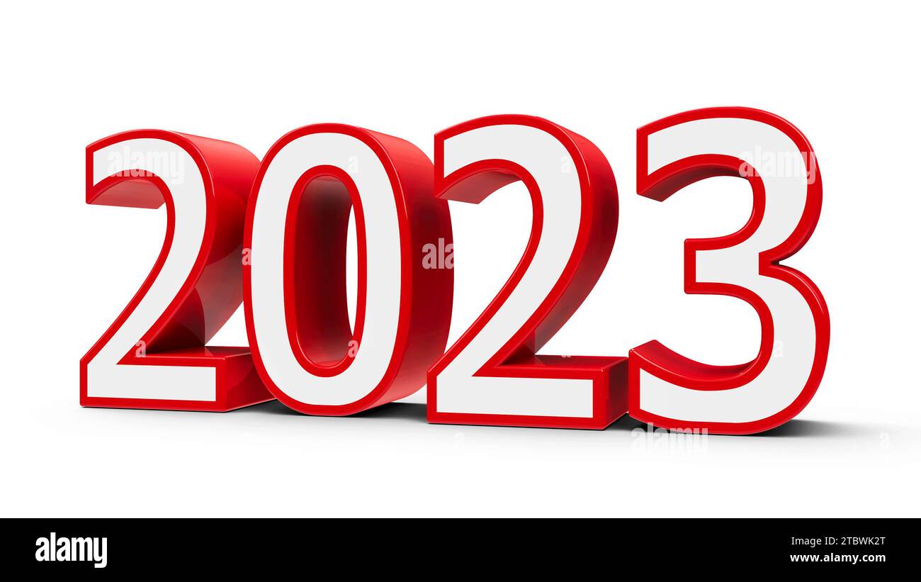 Red 2023 symbol, icon or button isolated on white background, represents the new year 2023 ...