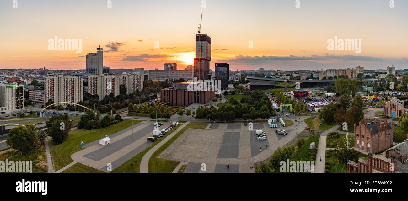 A panorama picture of some of Katowice's landmarks, such as the .KTW ...