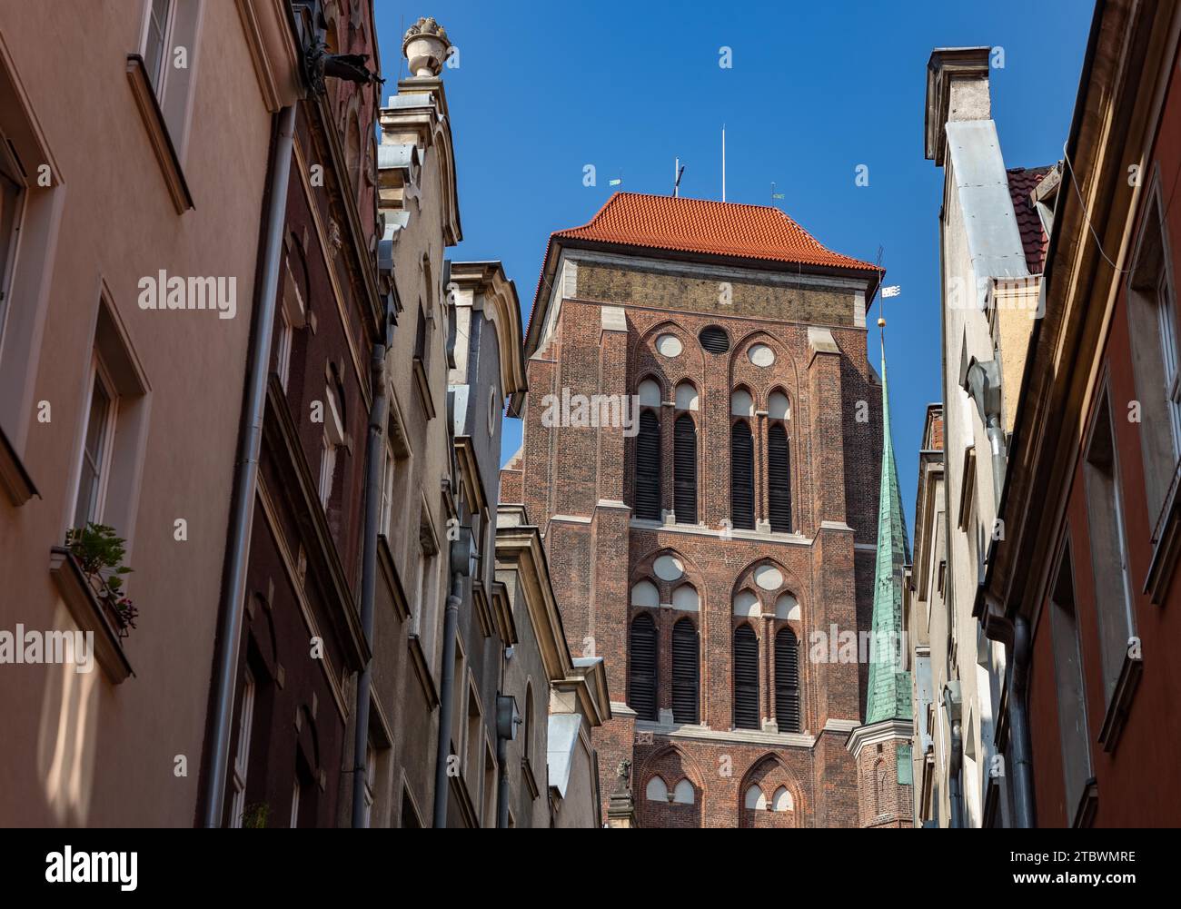 A picture of the St. Mary's Church tower as seen between nearby ...