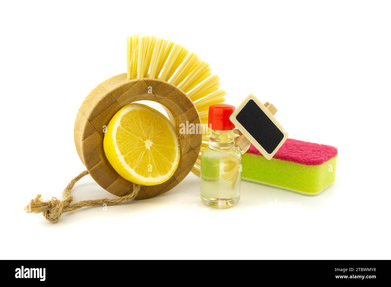 Dish brush and and lemon, kitchen sponges isolated on white background ...