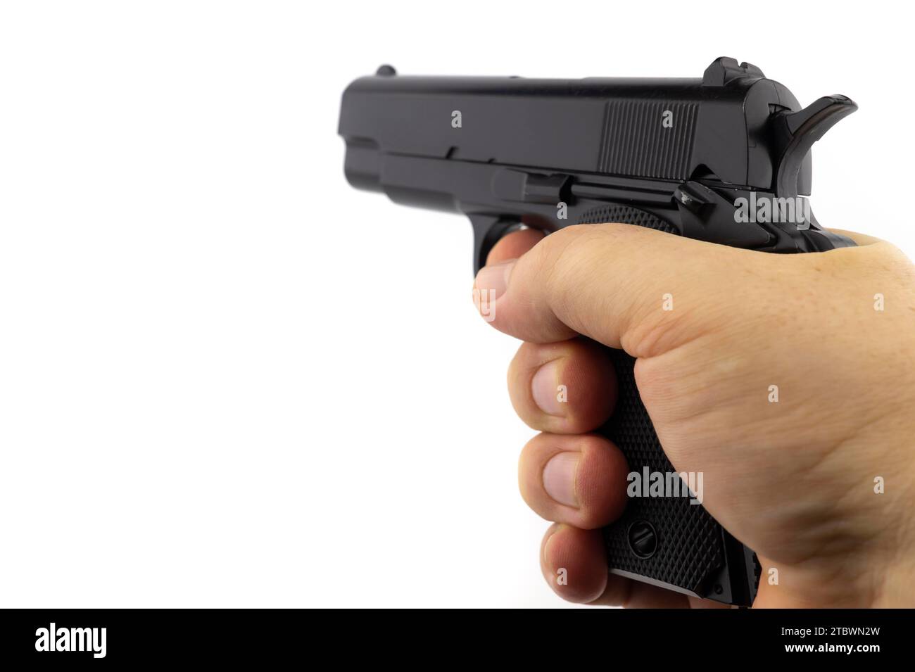 Hand hold gun isolated on white background first person view image ...