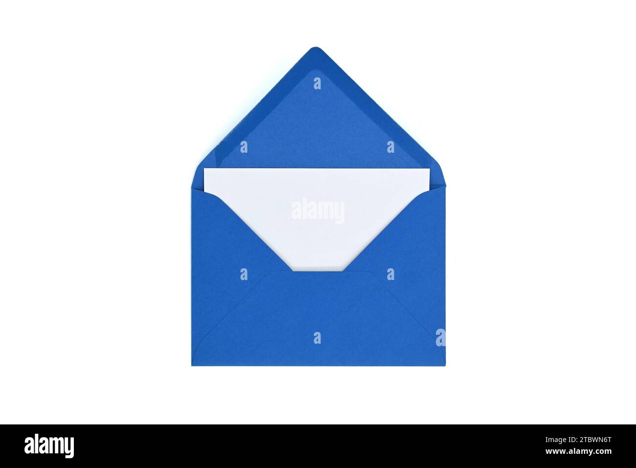 Blue paper envelope with blank white card isolated on white background ...