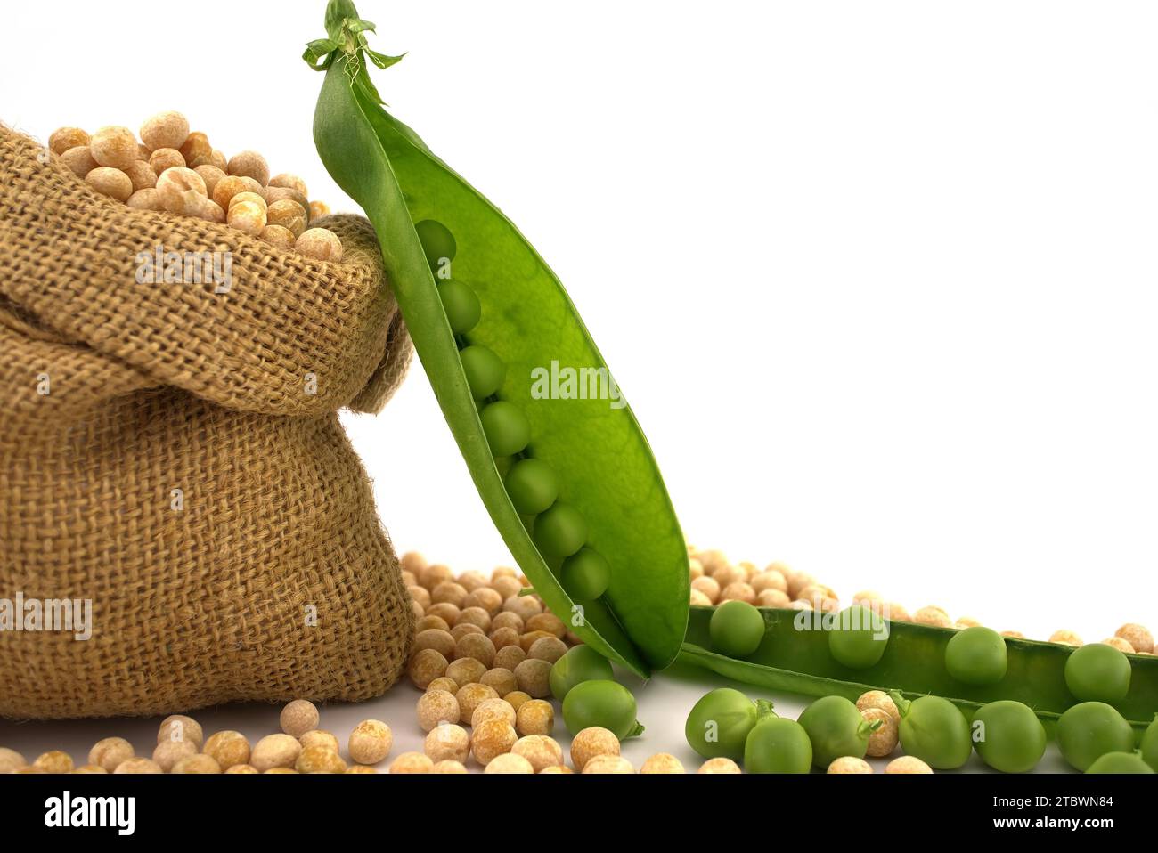 Dried whole peas spilling from a hessian bag near fresh harvest green ...