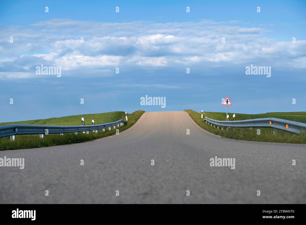 Asphalt road leading through lush green fields in a receding view in a ...