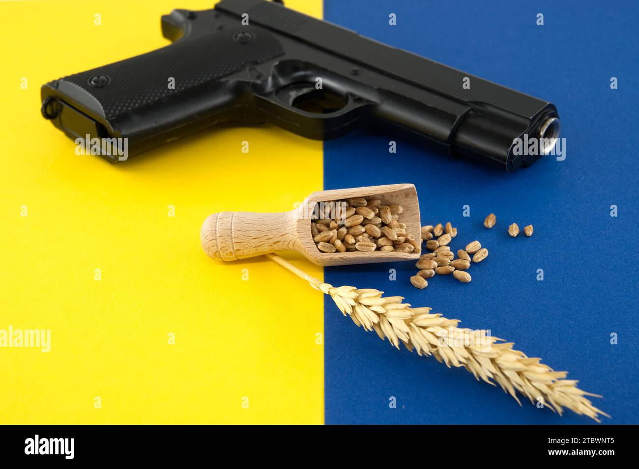 Gun alongside wooden scoop with wheat grain seeds over a blue and ...