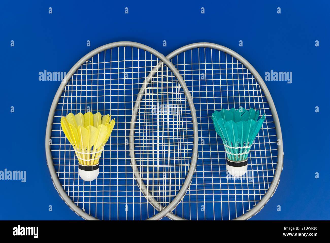 Badminton. Rackets and colorful feathered shuttlecocks in yellow and ...
