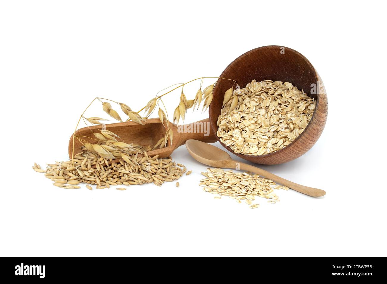 Oat grains with hulls or husks in wooden scoop and oats groats rolled ...