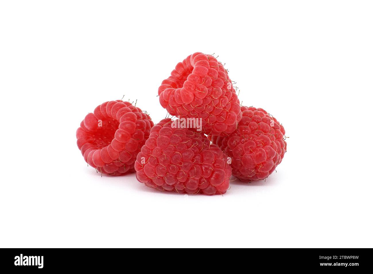Red ripe raspberry berries with green leaves. Side view, isolated on ...