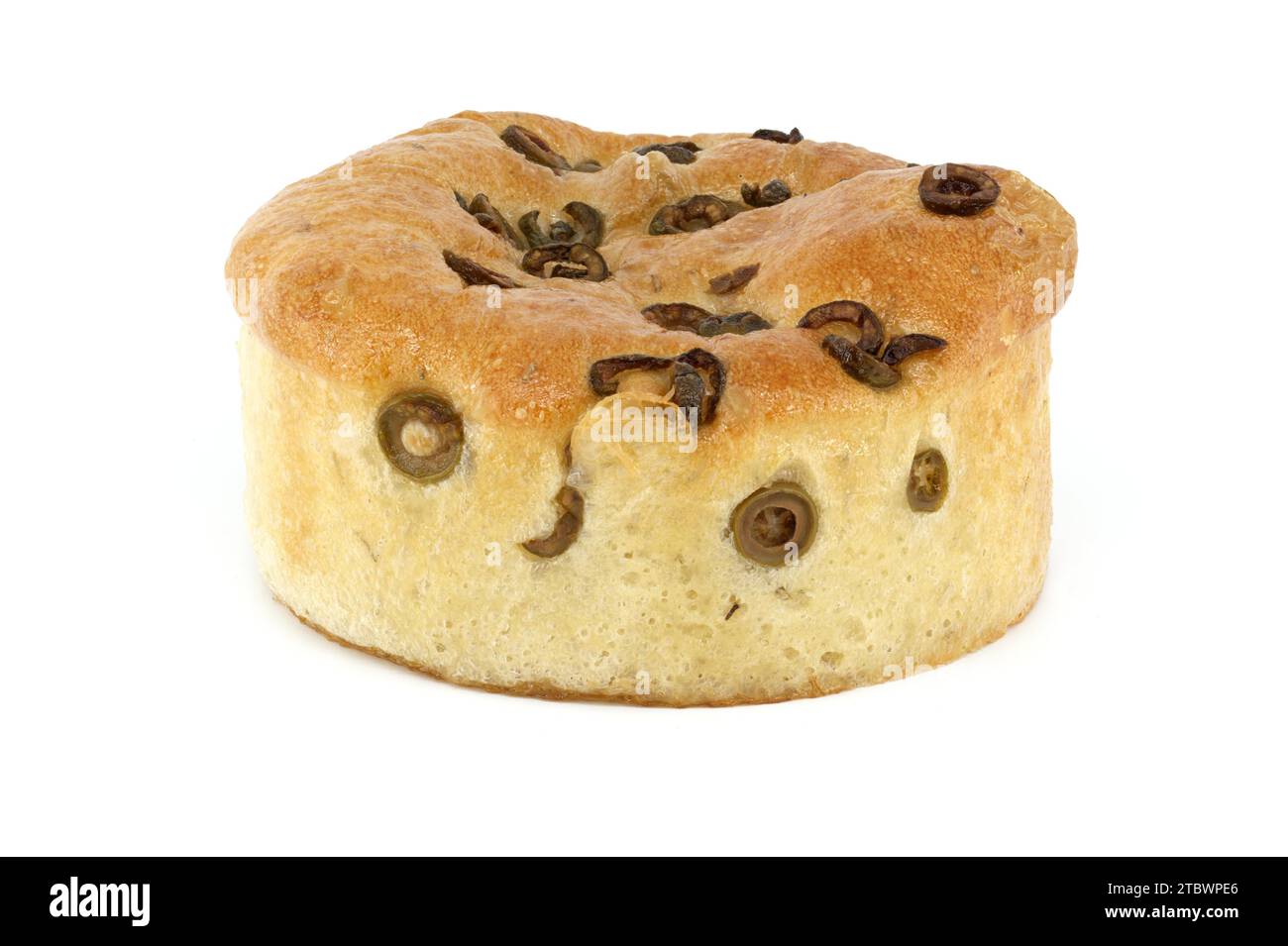 Round focaccia bread with olives isolated on white background Stock ...