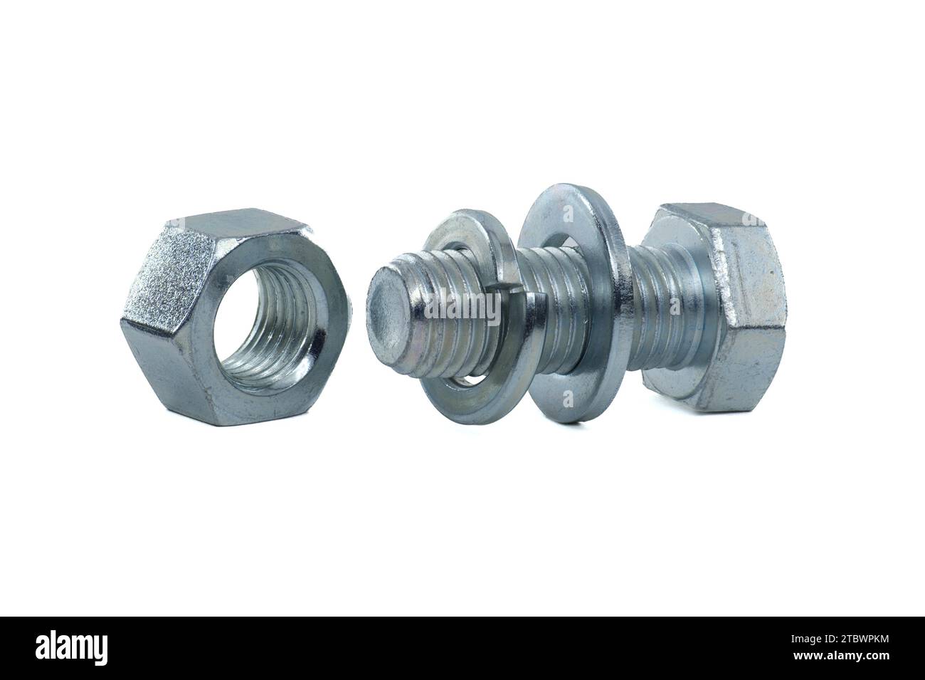 Male screw and hexagon nut, flat nut washer and spring washer coated ...