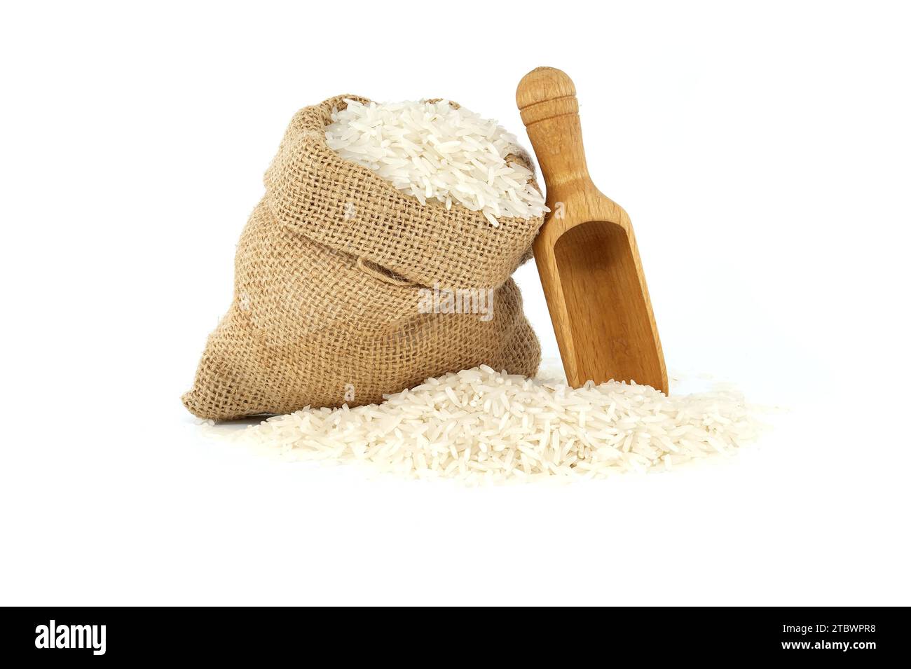 Dry basmati rice in small burlap sack and wooden scoop isolated on ...