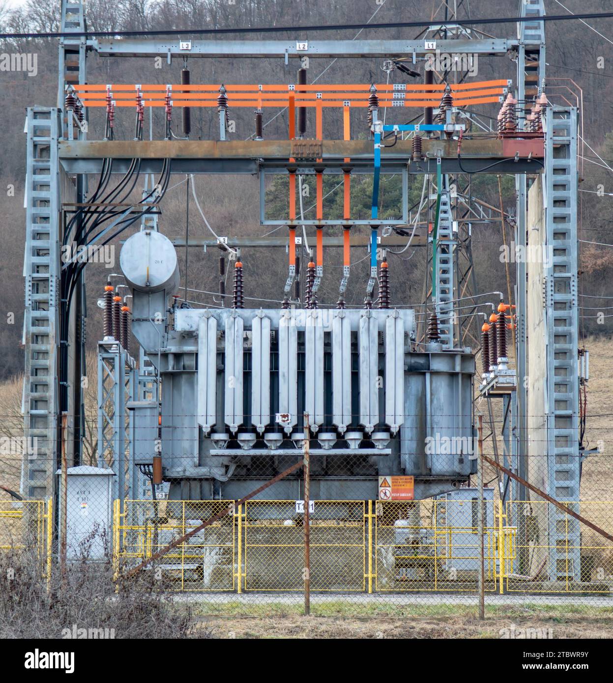High voltage electrical transformer substation. Power station. Power ...