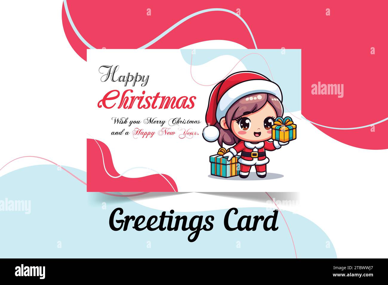 Christmas Wishing, greeting Card with Cute Girt Santa Claus with Gifts ...