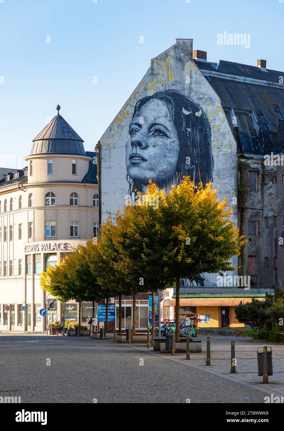 A picture of a graffiti on the facade of a building in Ostrava. The ...