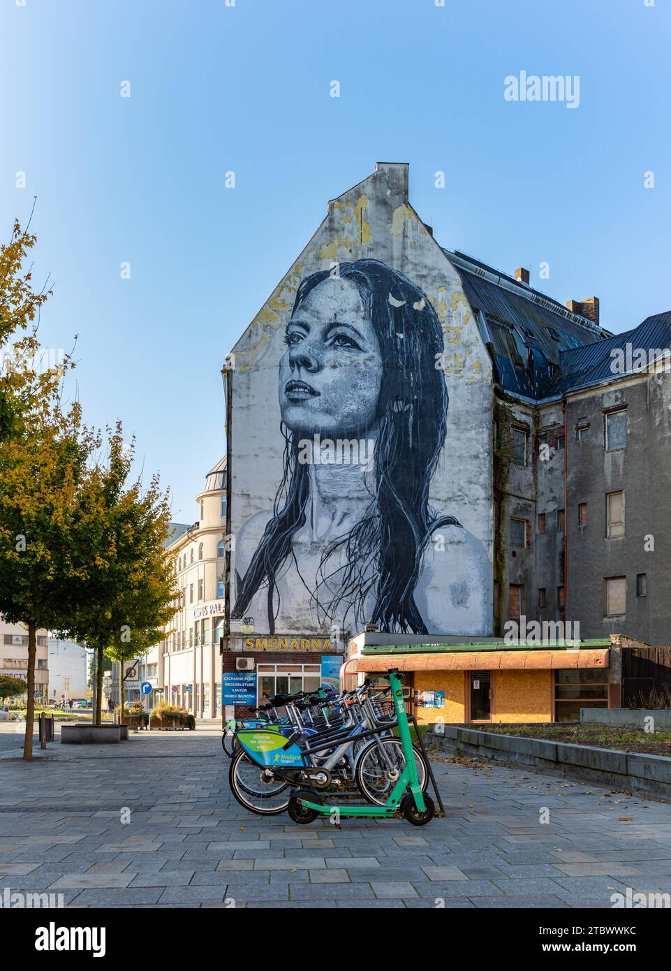 A picture of a graffiti on the facade of a building in Ostrava. The ...