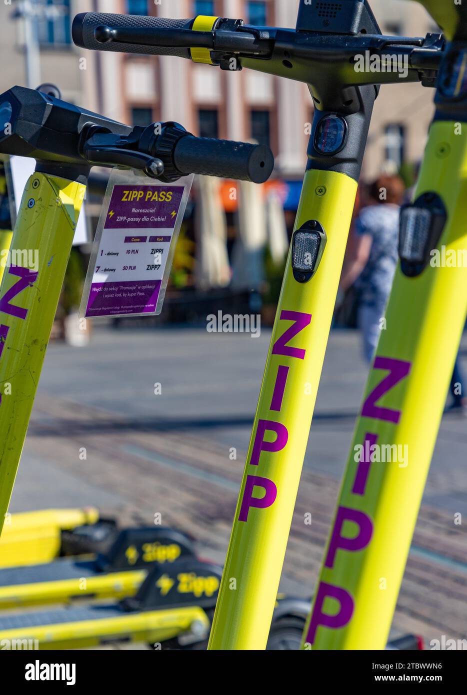 A close-up picture of Katowice's yellow electric scooters from Zipp ...