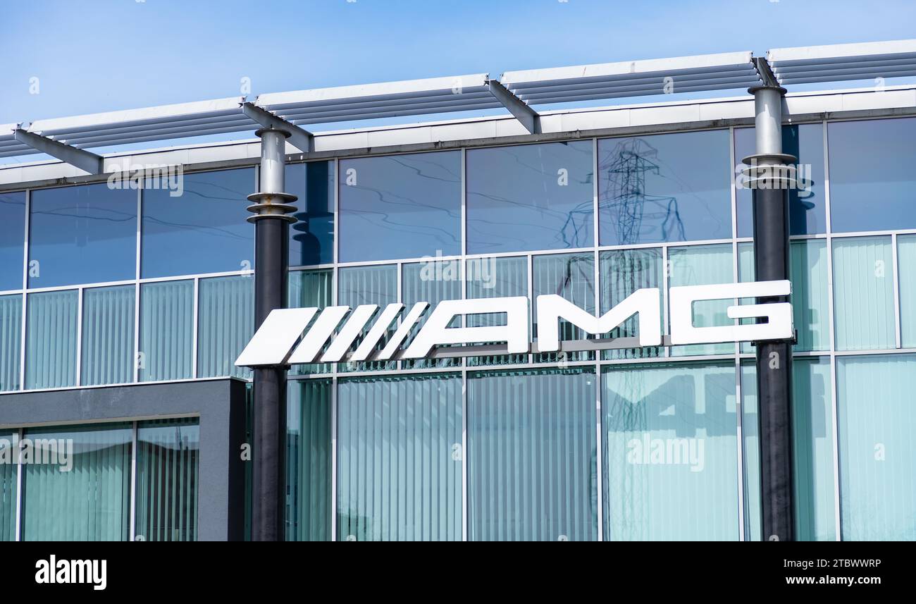 A picture of an AMG sign at a Mercedes Benz dealership Stock Photo - Alamy