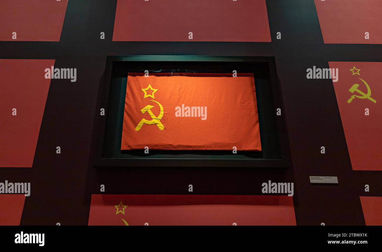 A picture of multiple Soviet Union flags, taken inside the Museum of ...
