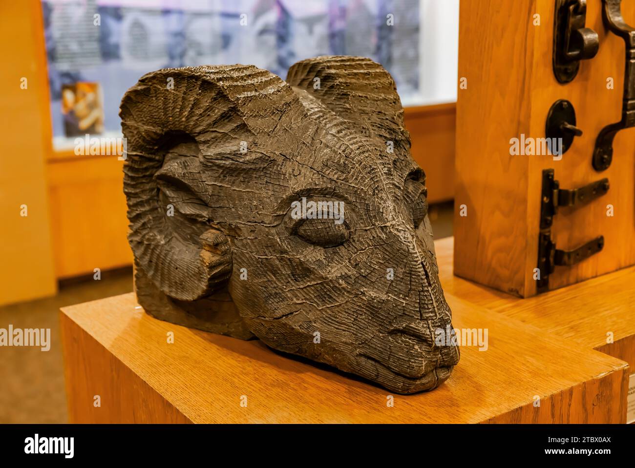 Ram's head woodcarving created during WPA era of Timberline Lodge on Mt ...