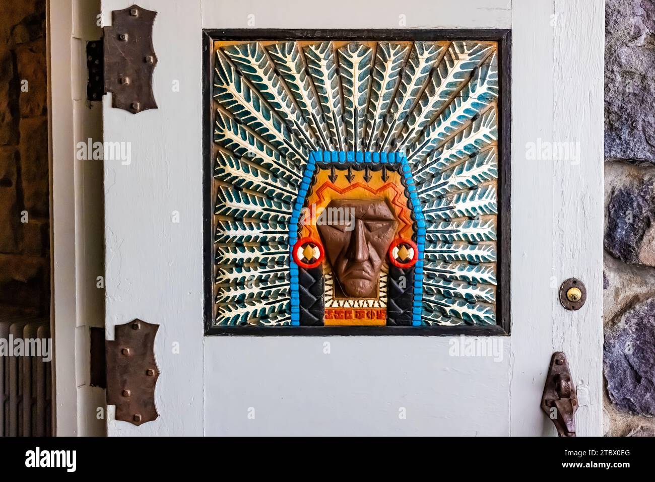 Door with Indian Chief motif in Timberline Lodge on Mt. Hood, Mt. Hood ...