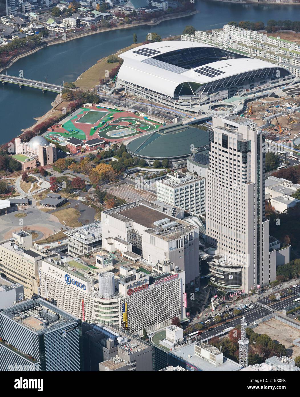 An aerial photo shows Edion Peace Wing Hiroshima, Hiroshima Soccer ...