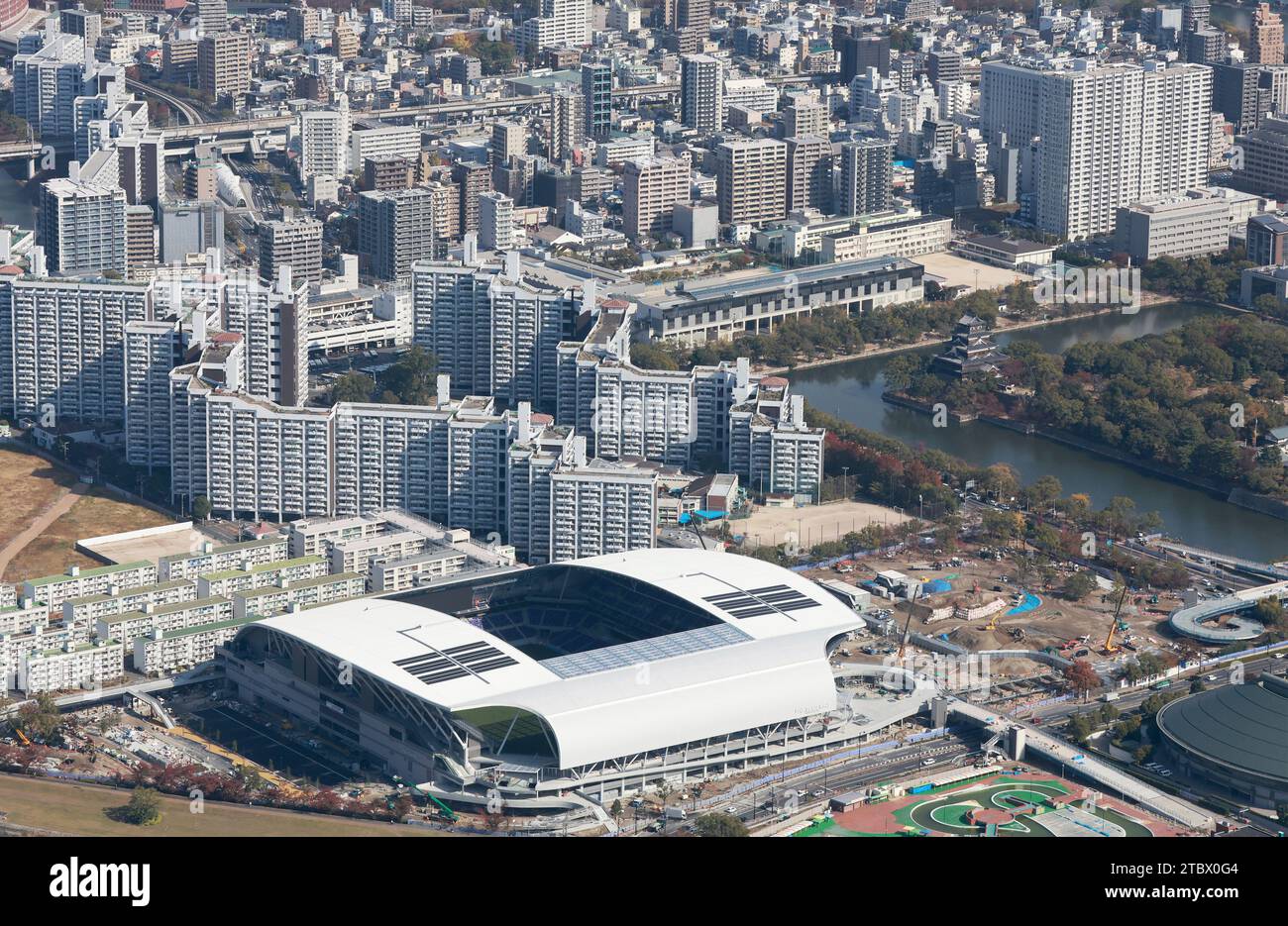 An aerial photo shows Edion Peace Wing Hiroshima, Hiroshima Soccer stadium, located in the ...