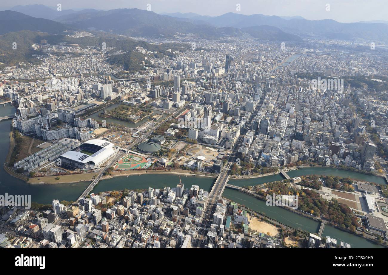 An aerial photo shows Edion Peace Wing Hiroshima, Hiroshima Soccer stadium, located in the ...