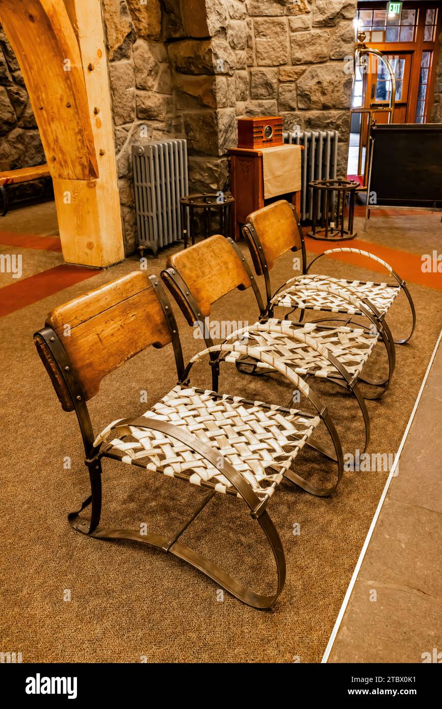 Woven rawhide chairs at entrance of Timberline Lodge on Mt. Hood, Mt ...