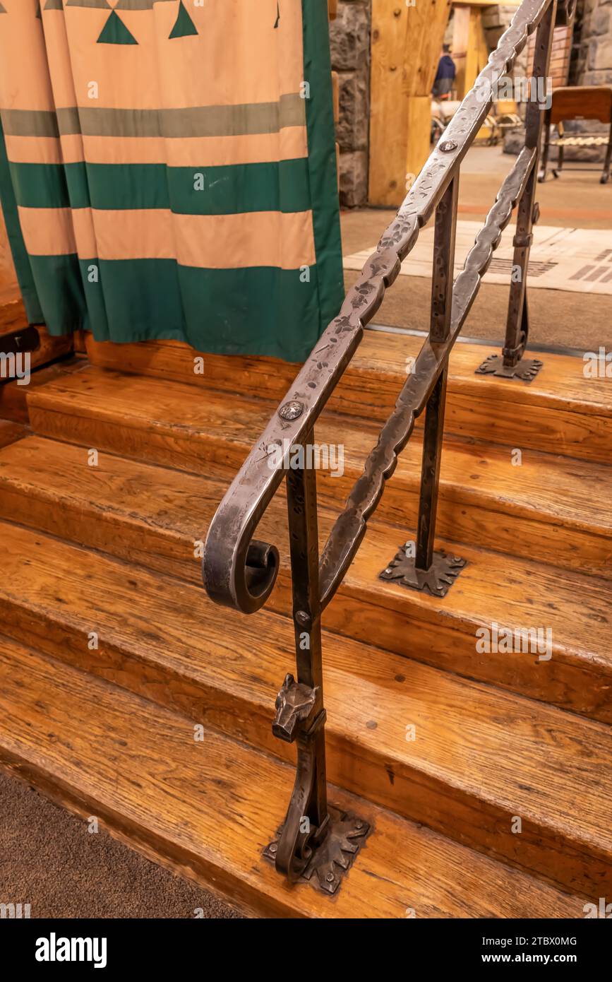 Hand-forged iron stair railing in Timberline Lodge on Mt. Hood, Mt ...