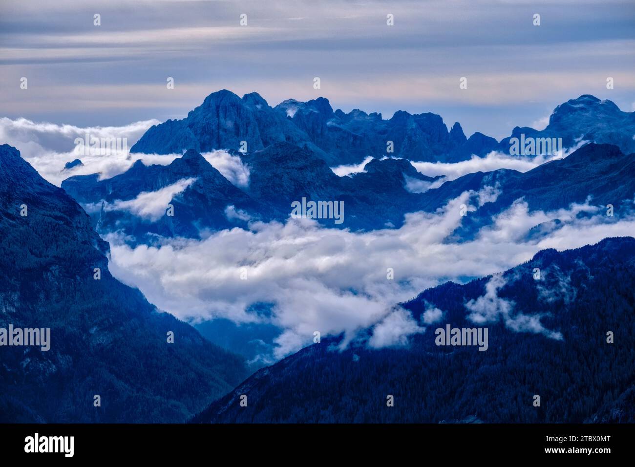 Mountain ridges and rock formations around Monte Agner, valleys covered ...