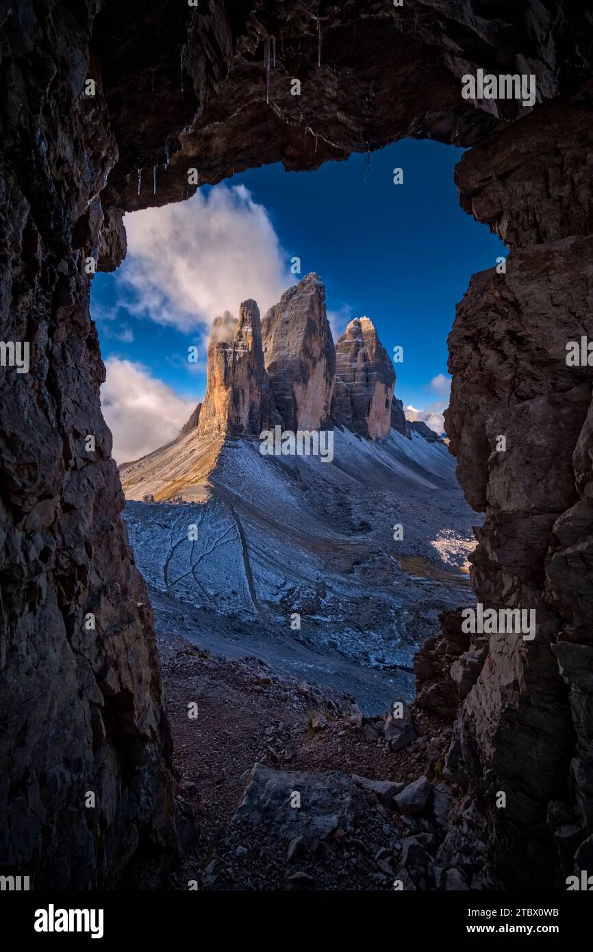 The north faces of the mountain group Tre Cime di Lavaredo, seen ...