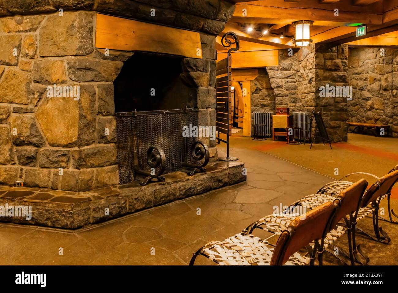 Hearth and warming area at entrance to historic Timberline Lodge on Mt ...