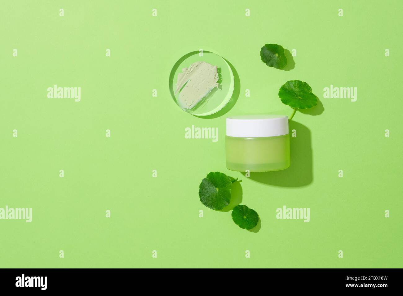 A smear of lotion on a glass platform, a jar of cosmetics and fresh ...