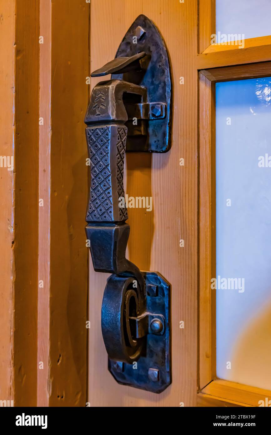 Forged door handle details in the Barlow Room, a meeting room in ...