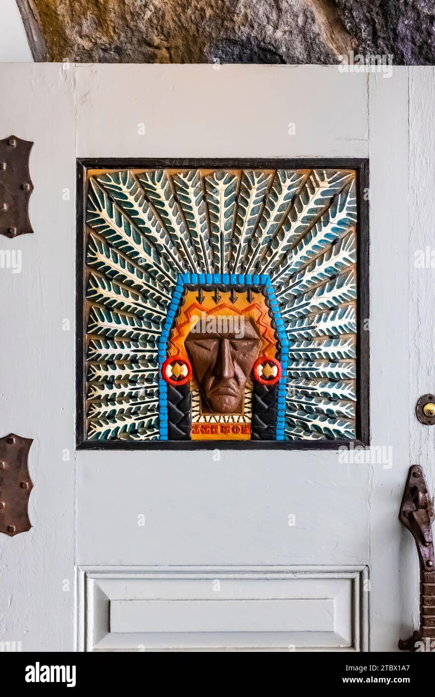 Door with Indian Chief motif in Timberline Lodge on Mt. Hood, Mt. Hood ...
