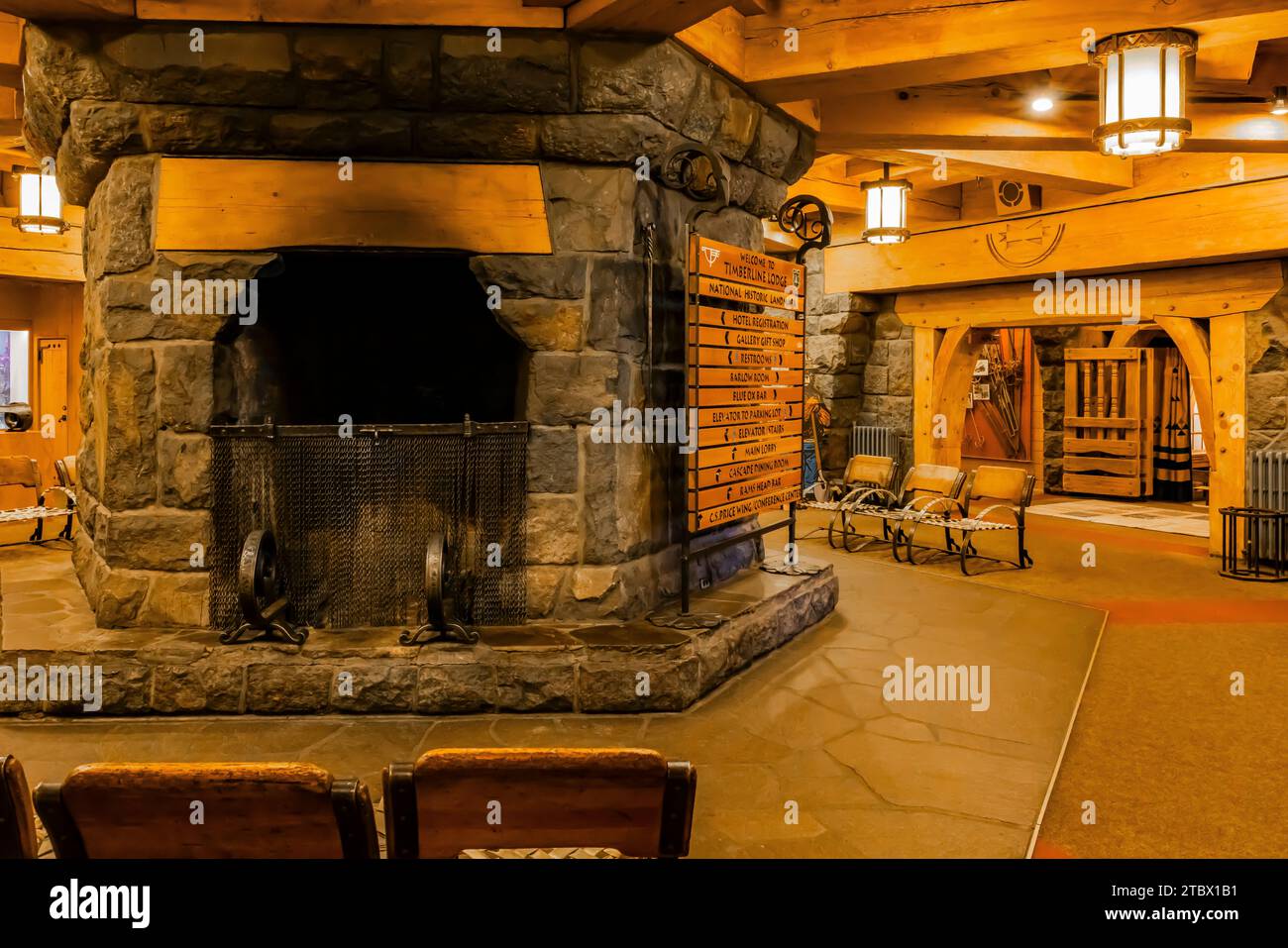 Hearth and warming area at entrance to historic Timberline Lodge on Mt ...